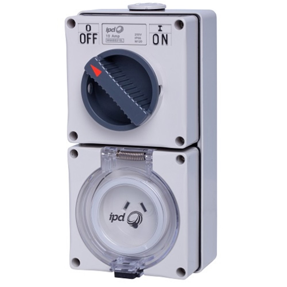 IPD SWITCHED OUTLET SINGLE PHASE 2 FLAT + 1 ROUND PINS 10A 250V, IP66 ...